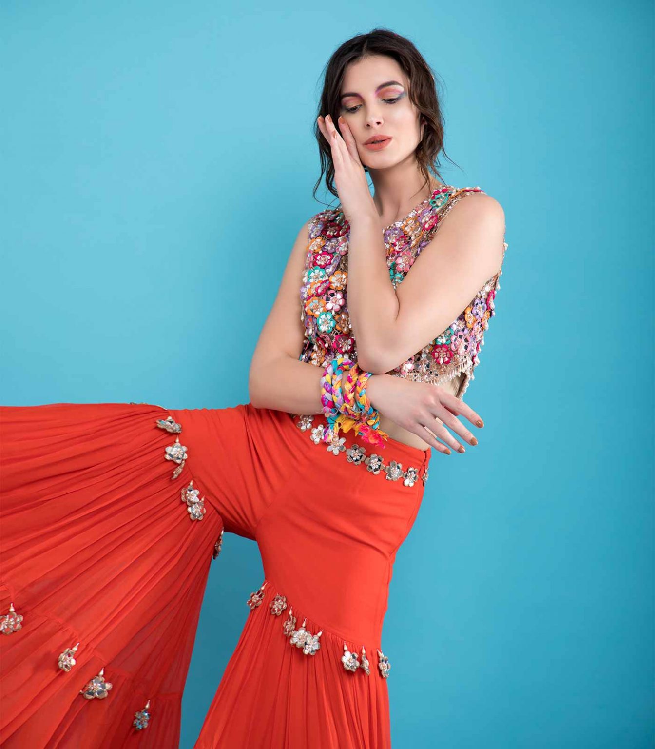 Tangerine sharara – multicolour jacket – Akanksha Gajria