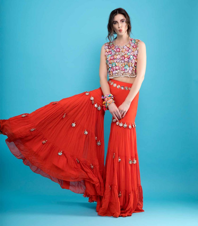 Tangerine sharara – multicolour jacket – Akanksha Gajria