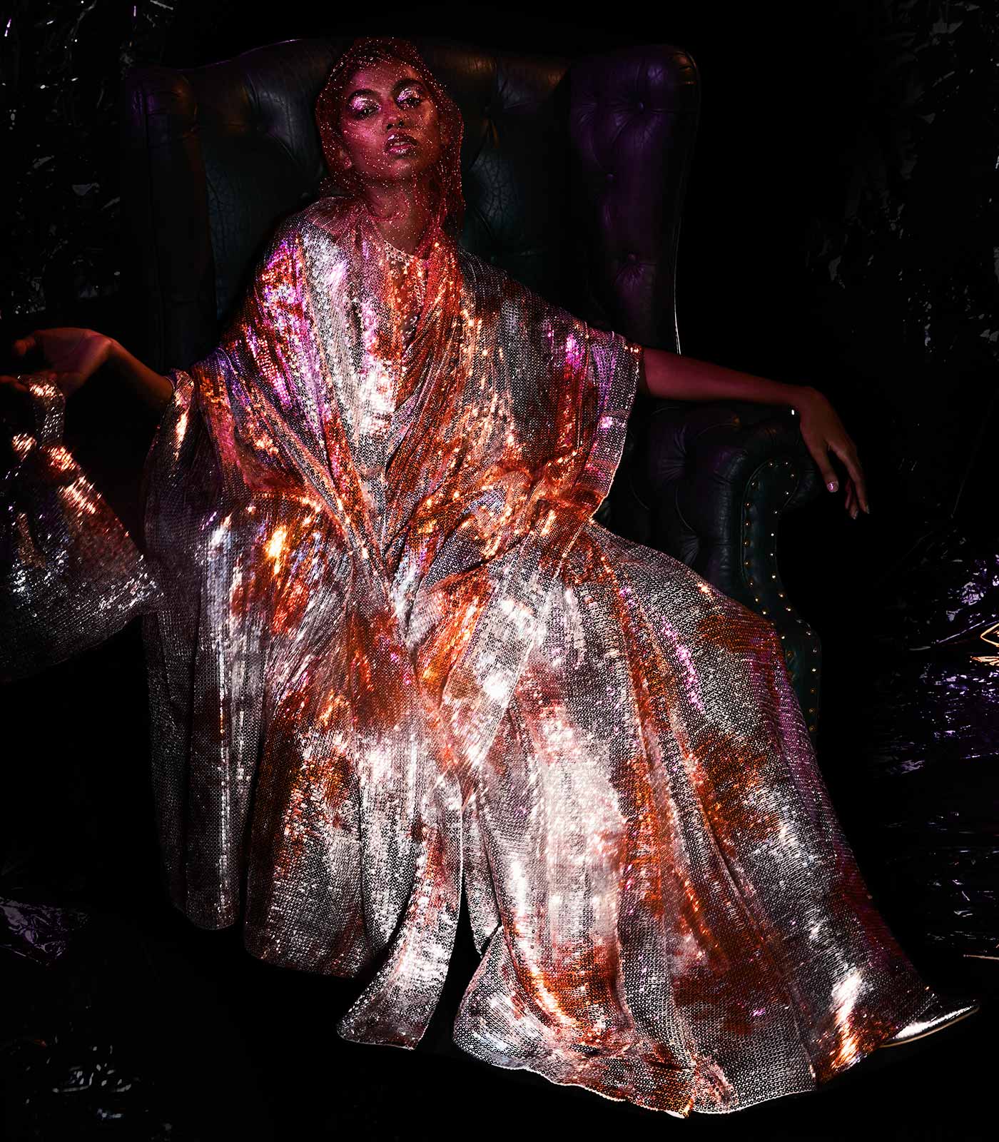 Silver sequin sheeted sari with texture printing on sequin in Orange ...