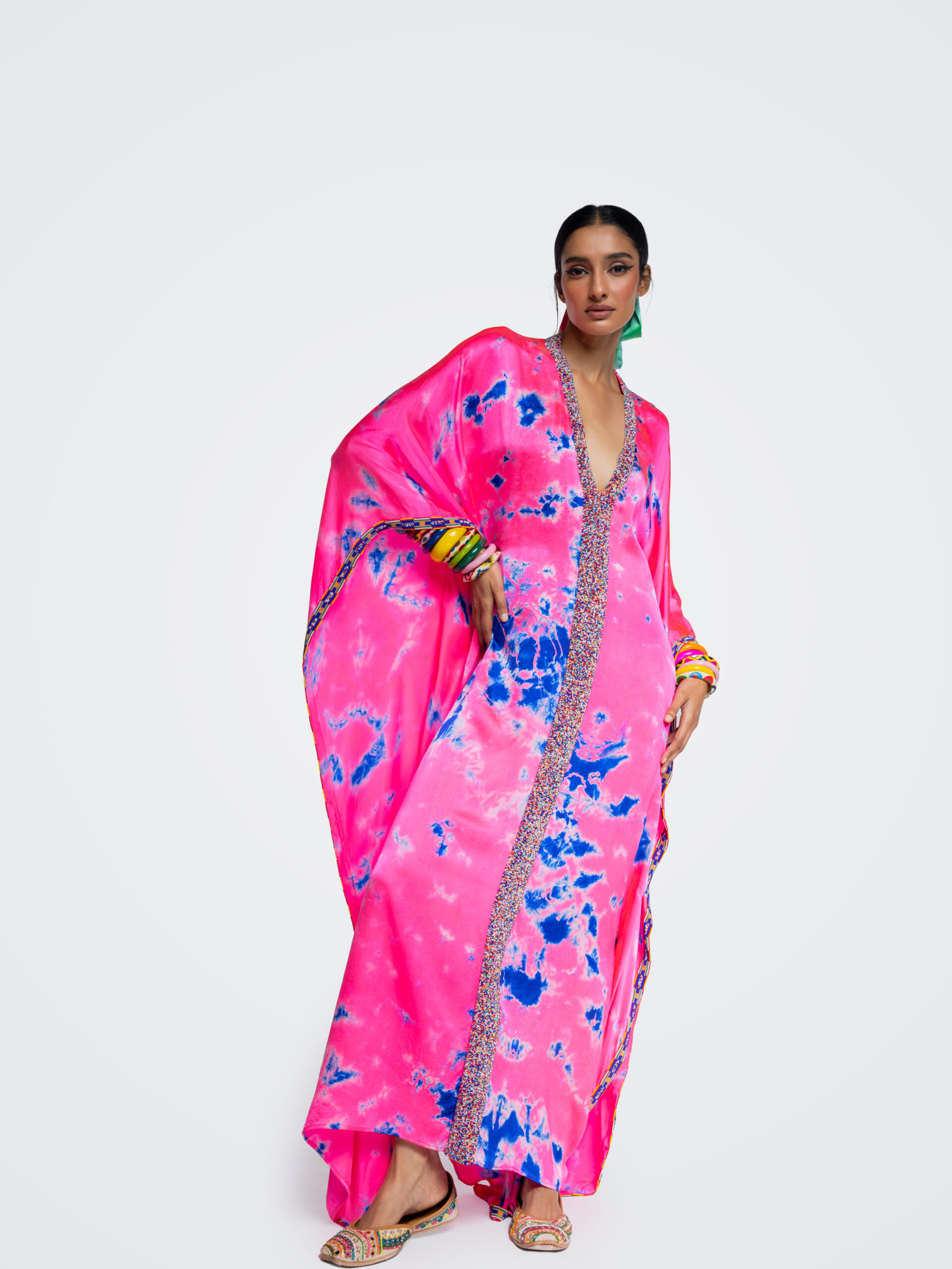 Hot pink & ink blue stained Kaftan – Akanksha Gajria